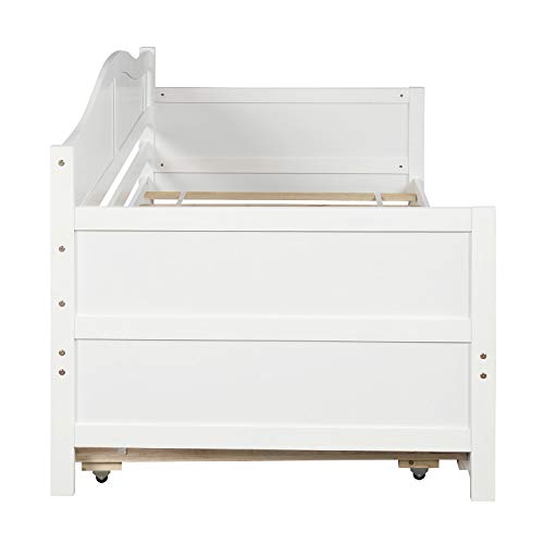 Lifeand Twin Wooden Daybed with Trundle Bed, Sofa Bed for Bedroom Living Room,White