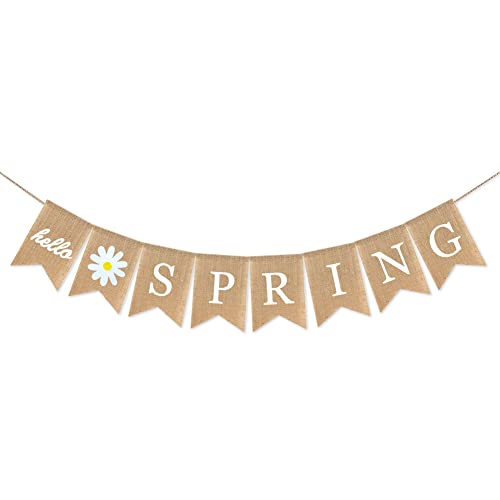 Hello Spring Banner Burlap Decorations, Daisy Themed Spring Decorations Garland with Flower for Mantle Fireplace Supplies Spring Bunting Garland Banner Decoration for Home Spring Themed Party Decor
