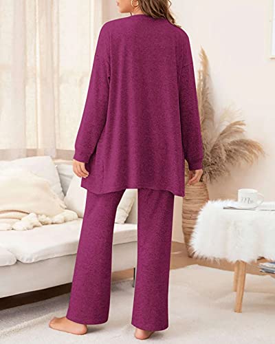 Fessceruna Womens 3 Piece Pajama Set Cami Tank Top Wide Leg Pants and Cardigan Loungewear Lounge Sets Purple