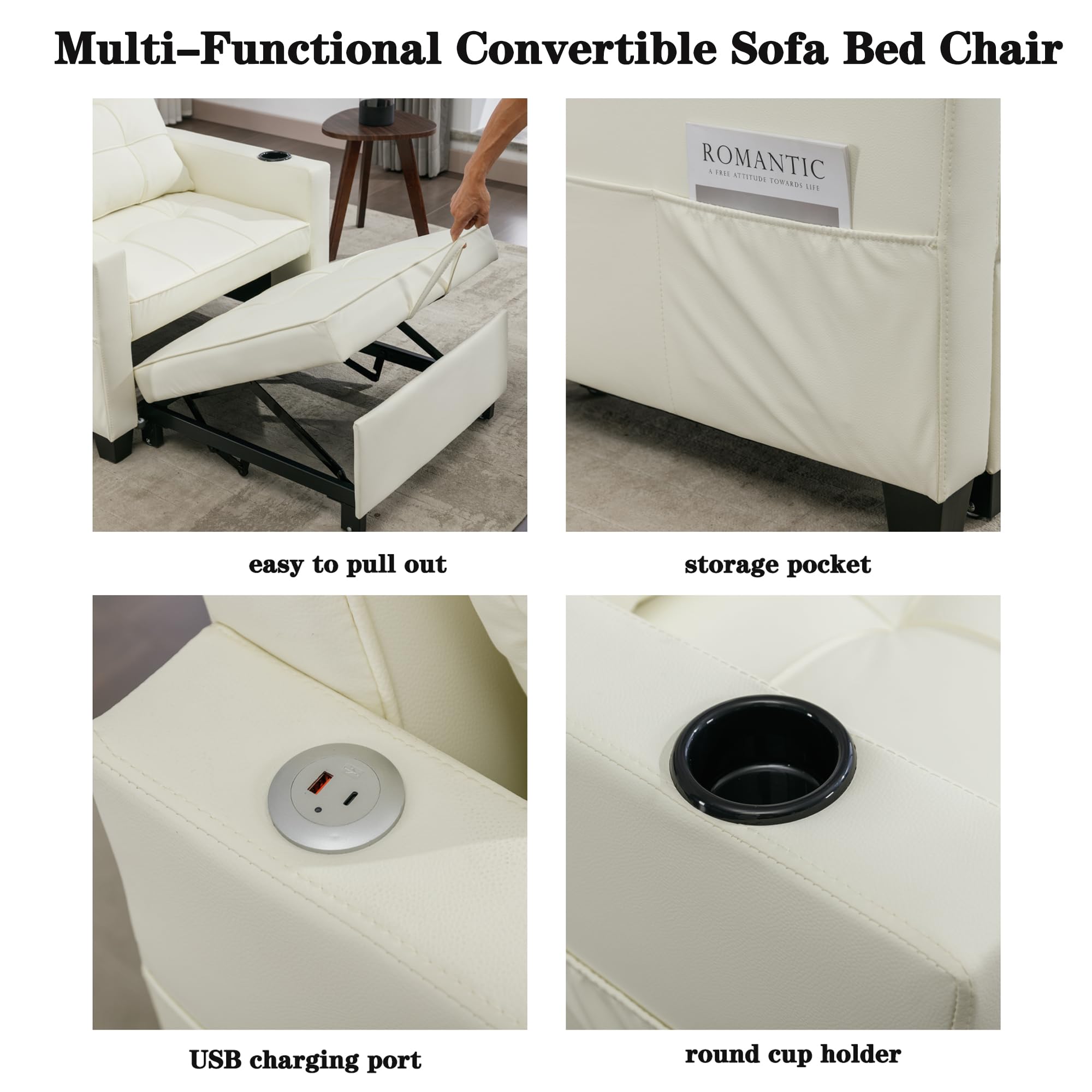 EXZLFA Futon Sofa Bed, 3-in-1 Convertible Sleeper Beds with USB Ports and Cup Holder,Adjustable Backrest Lounge Chair for Living Room,Bedroom,Guest Room (Leather - White)