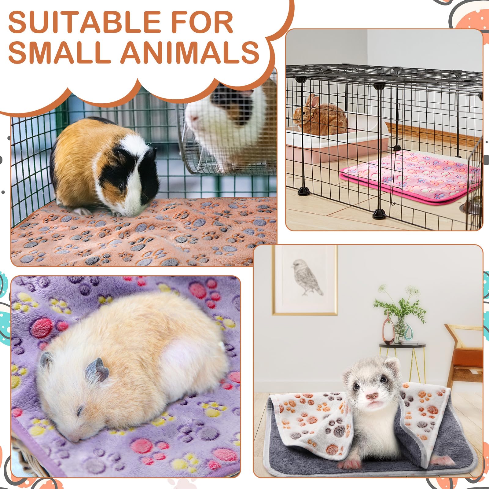 Tudomro 8 Pcs Guinea Pig Bedding Cage Liners Bulk Waterproof Blankets Small Animal Flannel Throw Bedding Absorbent Reusable Pet Pee Sleep Mat Pad Cover for Hamster Ferret (Paw,16 x 24 Inch)