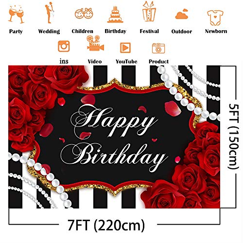 Avezano Happy Birthday Rose Flower Backdrop Red and Black Stripe 7x5ft Birthday Party Decoration Pearl Red Floral Dessert Table Banner