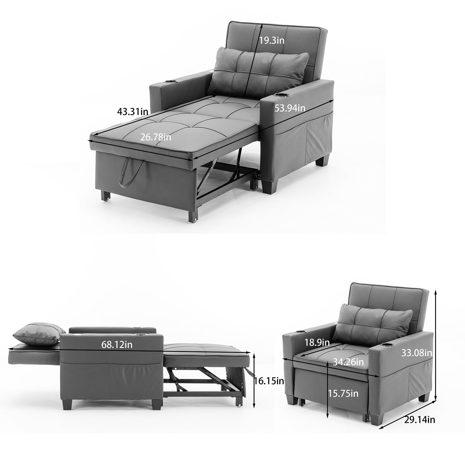 EXZLFA Futon Sofa Bed, 3-in-1 Convertible Sleeper Beds with USB Ports and Cup Holder,Adjustable Backrest Lounge Chair for Living Room,Bedroom,Guest Room (Leather - White)