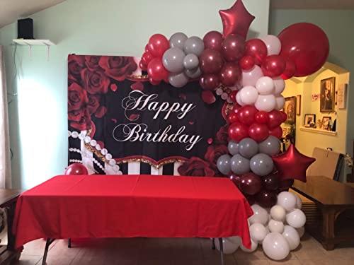 Avezano Happy Birthday Rose Flower Backdrop Red and Black Stripe 7x5ft Birthday Party Decoration Pearl Red Floral Dessert Table Banner