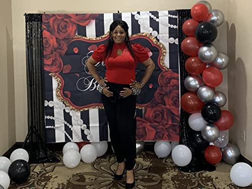 Avezano Happy Birthday Rose Flower Backdrop Red and Black Stripe 7x5ft Birthday Party Decoration Pearl Red Floral Dessert Table Banner