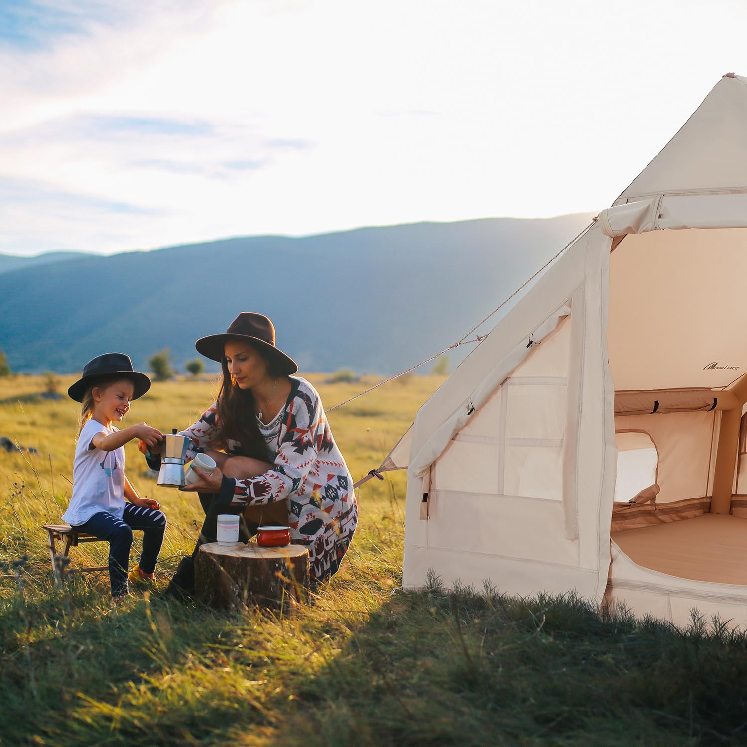 Moon Lence Glamping Winter Inflatable Camping Tent for 4-6 Person, All-Season Waterproof/Windproof Self-Supporting Air Tents, Easy Setup Cabin Camping Tent with 4 Mesh Windows & 2 Doors