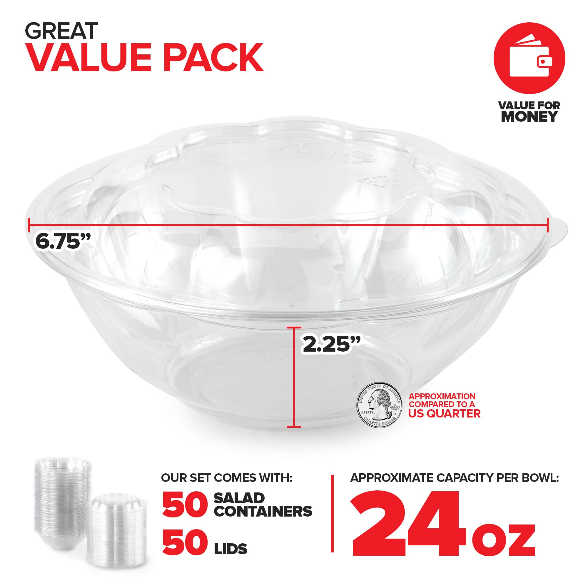 Stock Your Home 24oz Clear Plastic Salad Bowls with Lids Disposable (50 Pack) Small Takeout Container with Snap on Lid for Fruit Salads, Quinoa, Lunch and Meal Prep, Acai Bowl, To-Go Party Containers