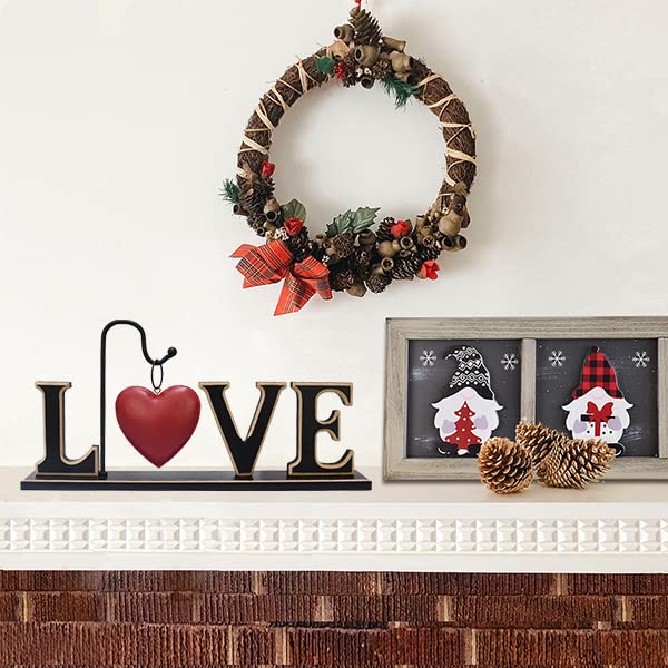 Rustic Wood Love Table Sign Freestanding Cutout Love Table Centerpiece Sign with Hanging Love Heart Decorative Love Word Sign Fireplace Tabletop Decor for Wedding Valentine's Day Gift