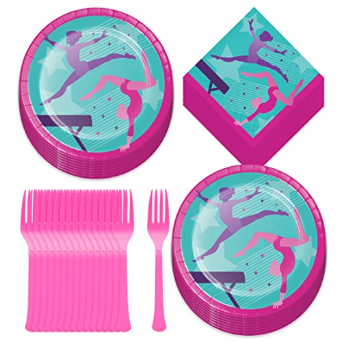 Gymnastics Party Supplies - Girl Gymnast Paper Dinner Plates, Napkins, and Forks (Serves 16)