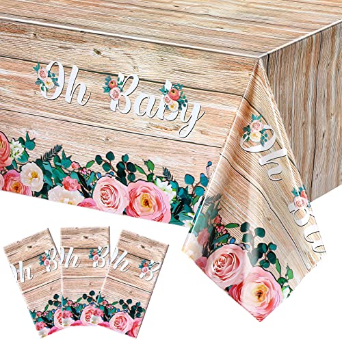 3 Pieces Rustic Wood Baby Shower Tablecloths, Plastic Rectangle Pink Floral Table Cover, Vintage Western Theme Party Decoration for Baby Girl Gender Reveal, Birthday, Wedding, 54 x 108 Inches