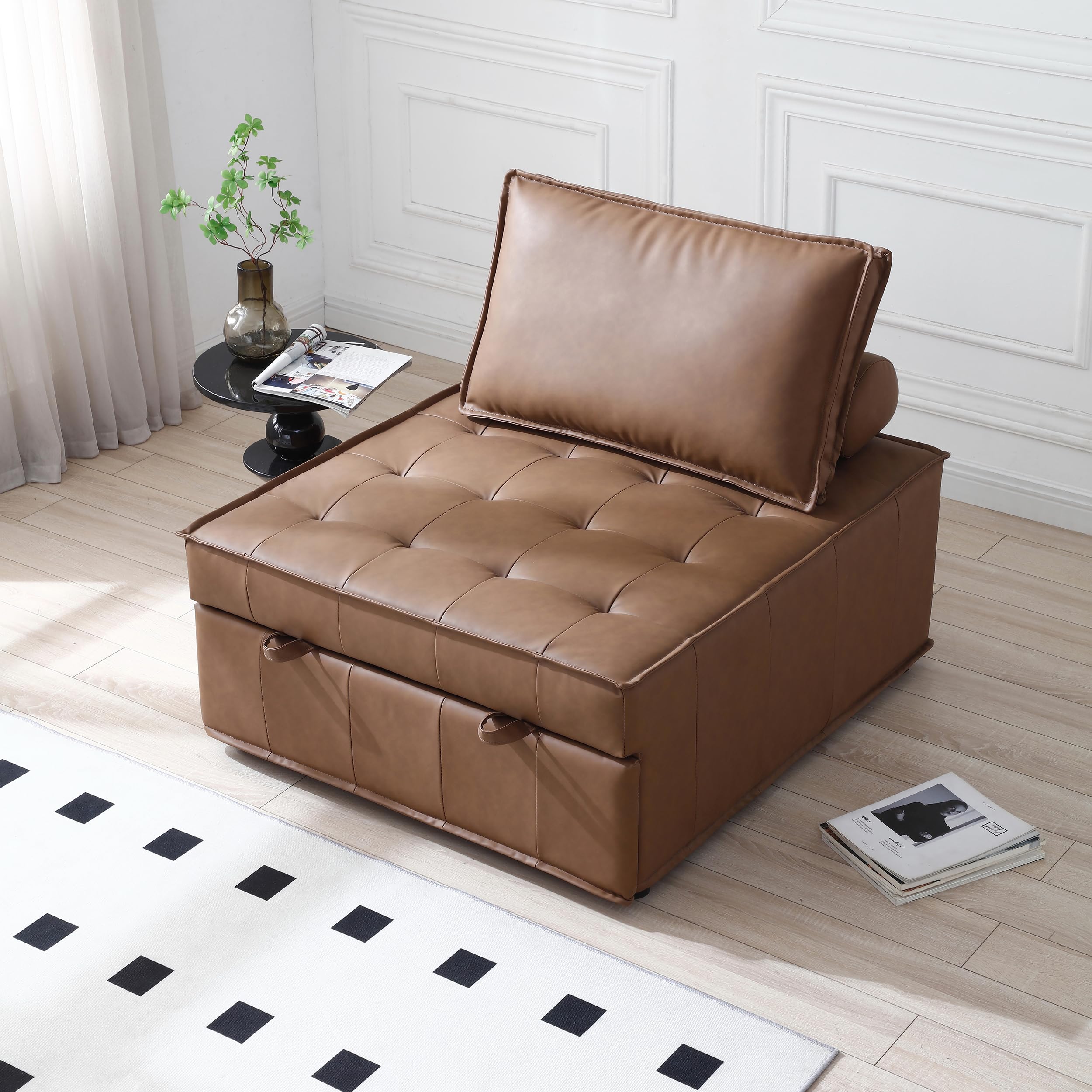 LIADTOP Pull Out Sofa, Small Tufted Velvet Convertible Couch, Easy to Assembly Faux Leather Single Bed with Removeable Backrest for Living Room Apartment (Brown+Fabric)