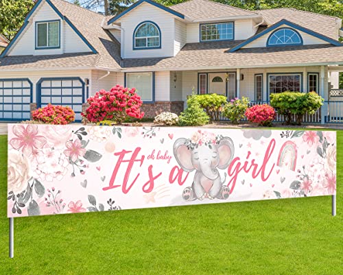 Elephant Party Supplies-Pink Elephant Baby Shower Banner Decoration,Boho Watercolor Elephant Yard Sign Banner for Girl Birthday Party Decoration