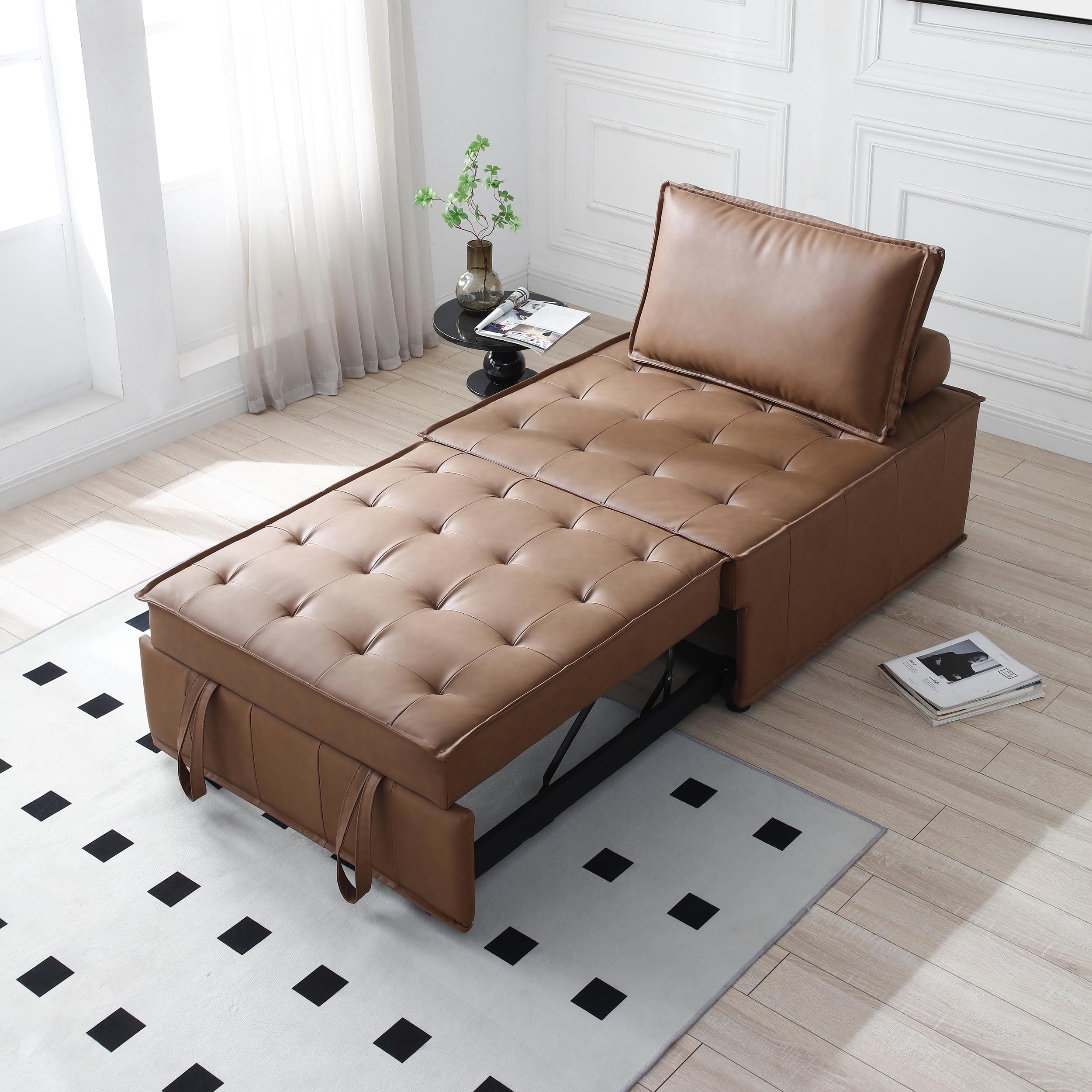 LIADTOP Pull Out Sofa, Small Tufted Velvet Convertible Couch, Easy to Assembly Faux Leather Single Bed with Removeable Backrest for Living Room Apartment (Brown+Fabric)