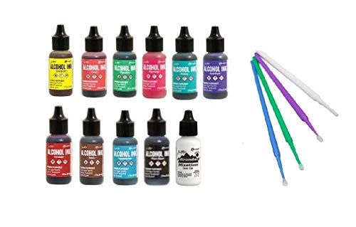Ranger Tim Holtz Alcohol Ink Bundle - Tropics Set 11 Bottles, 05 fl oz - Acid Free, Multi-Surface Inks, Precision Tip for Easy Application - Bonus Purple Turtle Detail Sticks