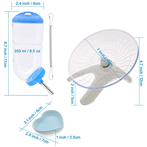 Hamster Flying Saucer, Hamster Wheel Mouse Spinner Wheel with Guinea Pig Water Feeder Bottle, Gerbils Ceramic Food Bowl, Total 3 Pack
