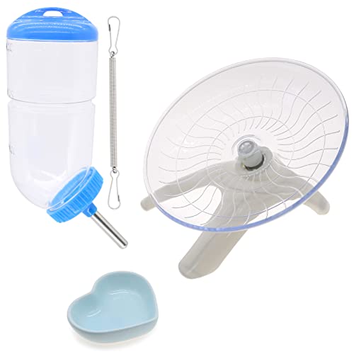 Hamster Flying Saucer, Hamster Wheel Mouse Spinner Wheel with Guinea Pig Water Feeder Bottle, Gerbils Ceramic Food Bowl, Total 3 Pack