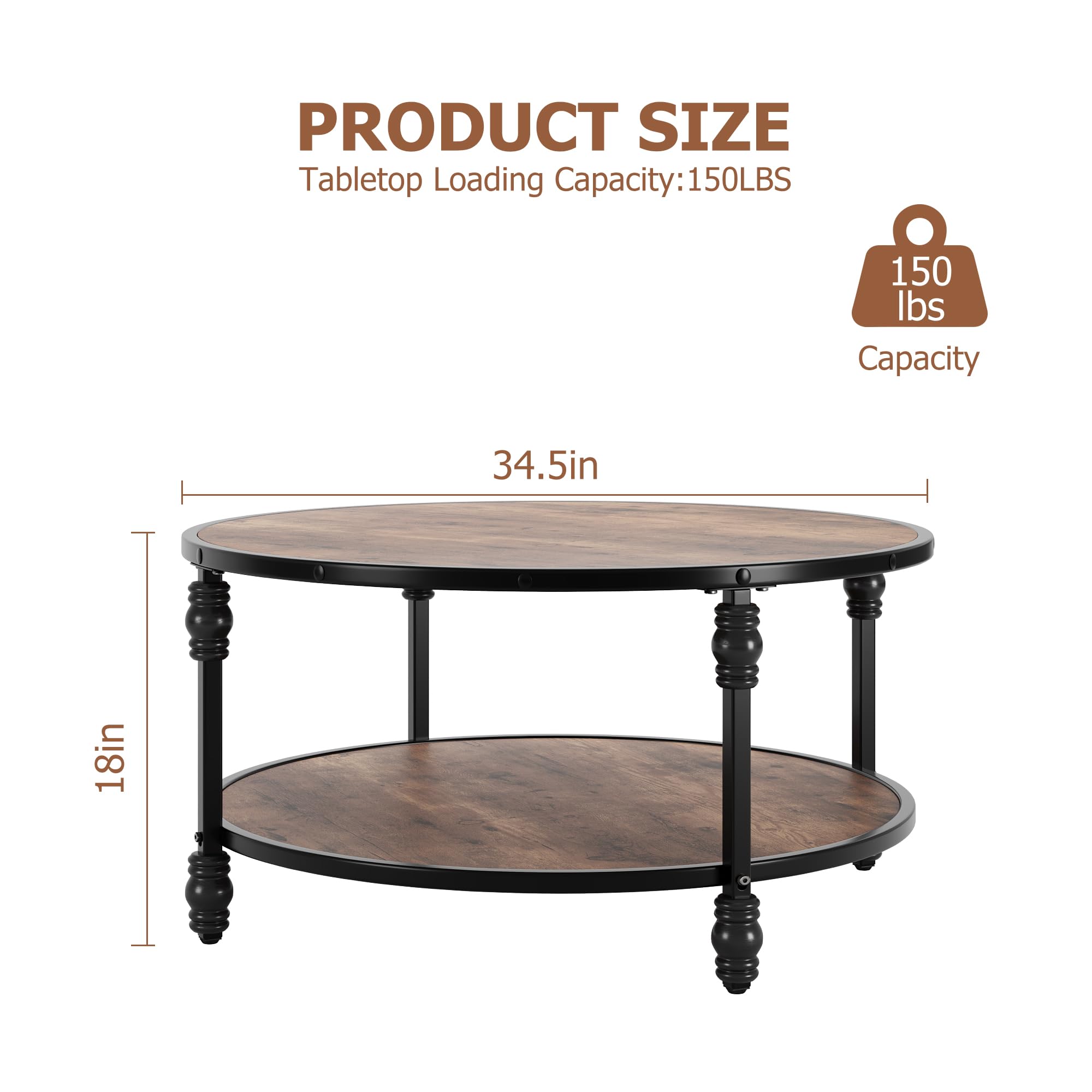 GAOMON Round Coffee Table Living Room 2-Tier Rustic Wood Center Table with Storage Shelf Modern Circle Coffee Table with Sturdy Metal Legs, Easy Assembly
