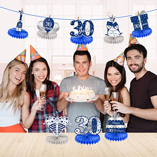 Kauayurk 8Pcs 30th birthday Honeycomb Centerpieces Decorations for Men, Blue Silver Happy 30 Table Centerpiece Party Supplies,Thirty Year Old Topper Decor Sign