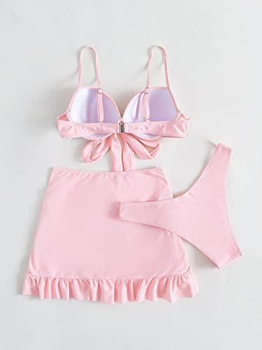 WDIRARA Women's 3 Pieces Tie Front Push Up Bikini Swimsuit with Ruched Ruffle Hem Beach Skirt Pink L