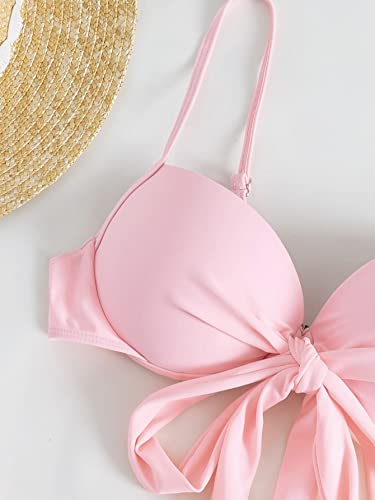 WDIRARA Women's 3 Pieces Tie Front Push Up Bikini Swimsuit with Ruched Ruffle Hem Beach Skirt Pink L
