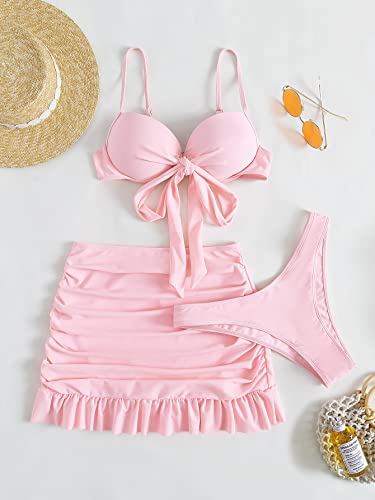 WDIRARA Women's 3 Pieces Tie Front Push Up Bikini Swimsuit with Ruched Ruffle Hem Beach Skirt Pink L