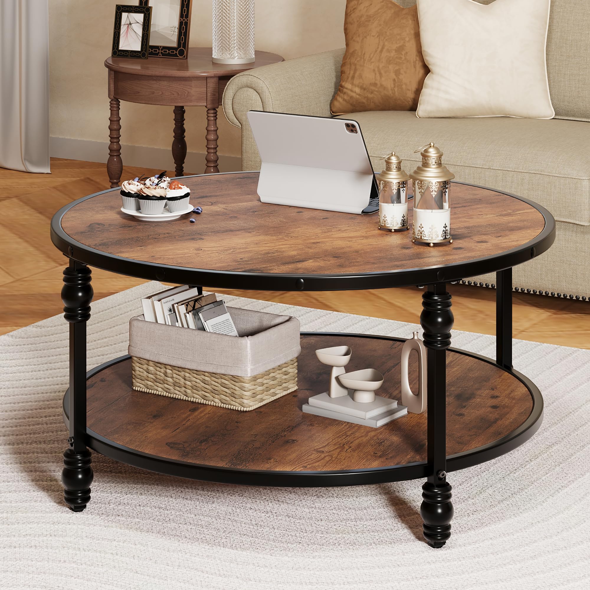 GAOMON Round Coffee Table Living Room 2-Tier Rustic Wood Center Table with Storage Shelf Modern Circle Coffee Table with Sturdy Metal Legs, Easy Assembly