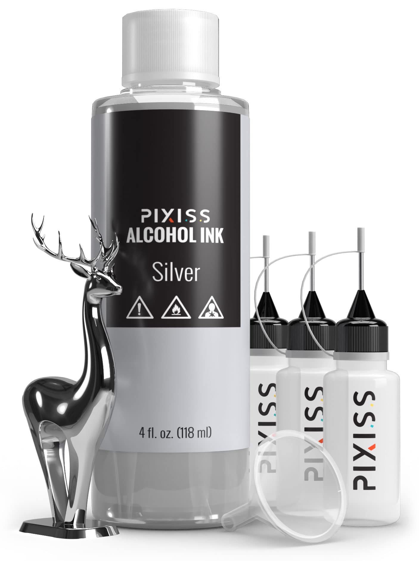 Silver Alcohol Ink for Resin - Metallic Alcohol Ink Silver Color 4-Ounce for Epoxy Resin, Tumblers, Resin Art, Alcohol Ink Paper, Silver Pigment Ink, 3 Pixiss Needle Tip Applicator Bottles and Funnel