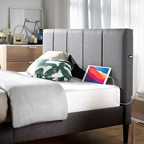 ZINUS Maddon Upholstered Platform Bed Frame with USB Ports, Mattress Foundation, Wood Slat Support, No Box Spring Needed, Easy Assembly, Grey, Full