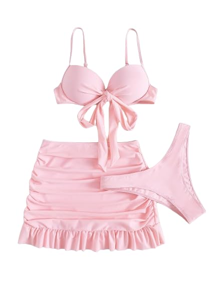 WDIRARA Women's 3 Pieces Tie Front Push Up Bikini Swimsuit with Ruched Ruffle Hem Beach Skirt Pink L