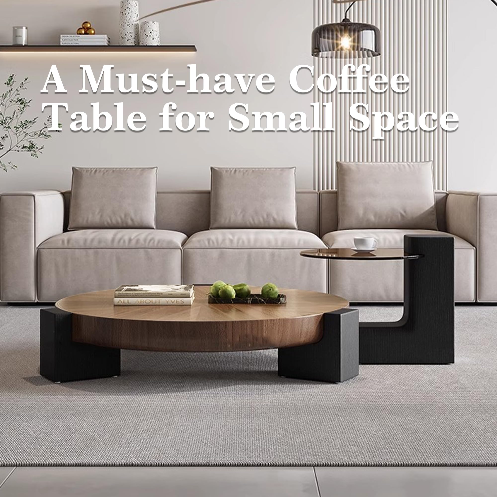 Round Coffee Table, 36in 2-Part Unique Modern Wooden Coffee Tables for Living Room Bedroom Coffee, Solid Wood Coffee Table Leg & Top, Brown Explosion-Proof Glass Small Top