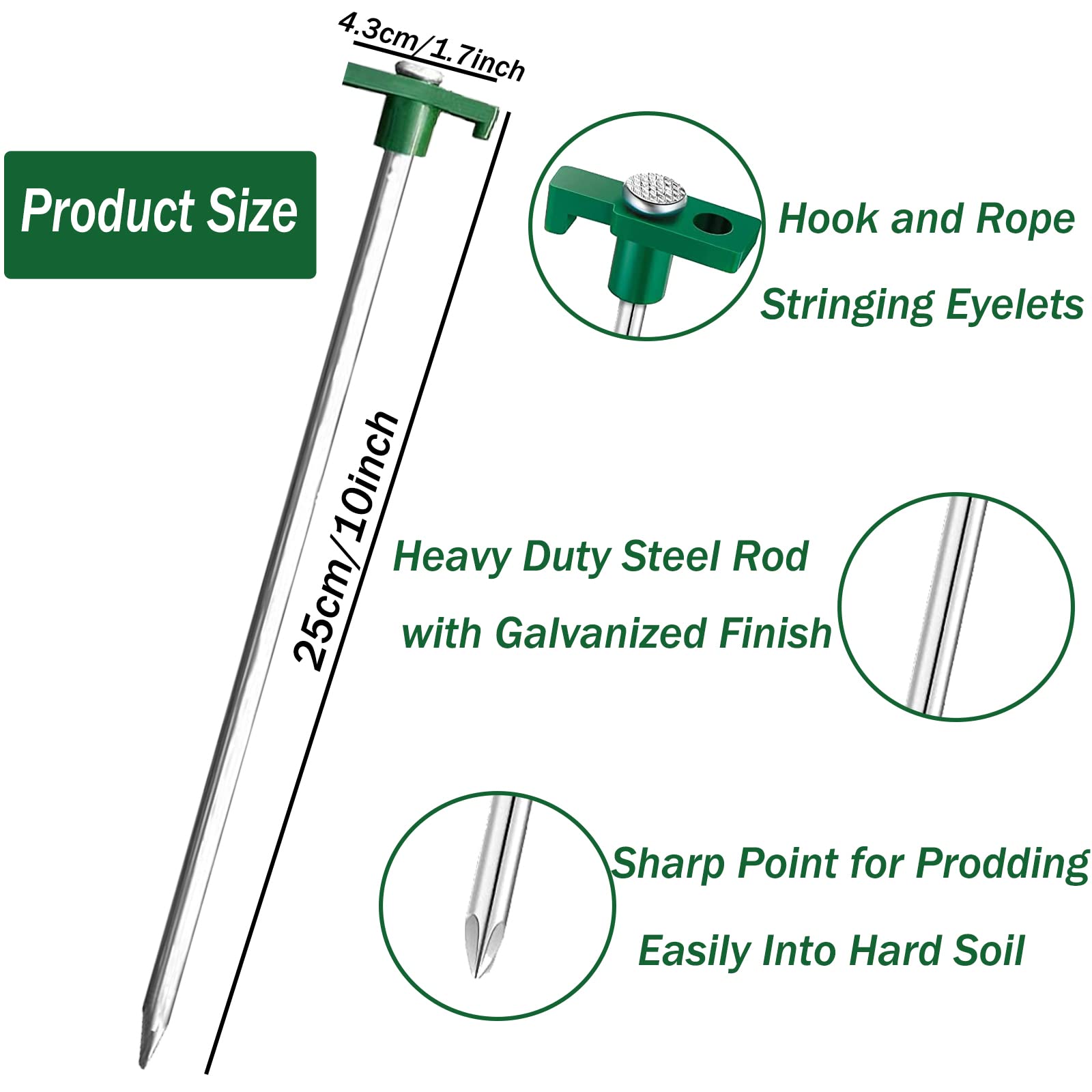 ALMOXVYE 20 Pack Tent Stakes, 10 Inch Heavy Duty Tent Camping Stakes, Galvanized Non-Rust Tent Pegs for Pop Up Canopy, Ground, Garden