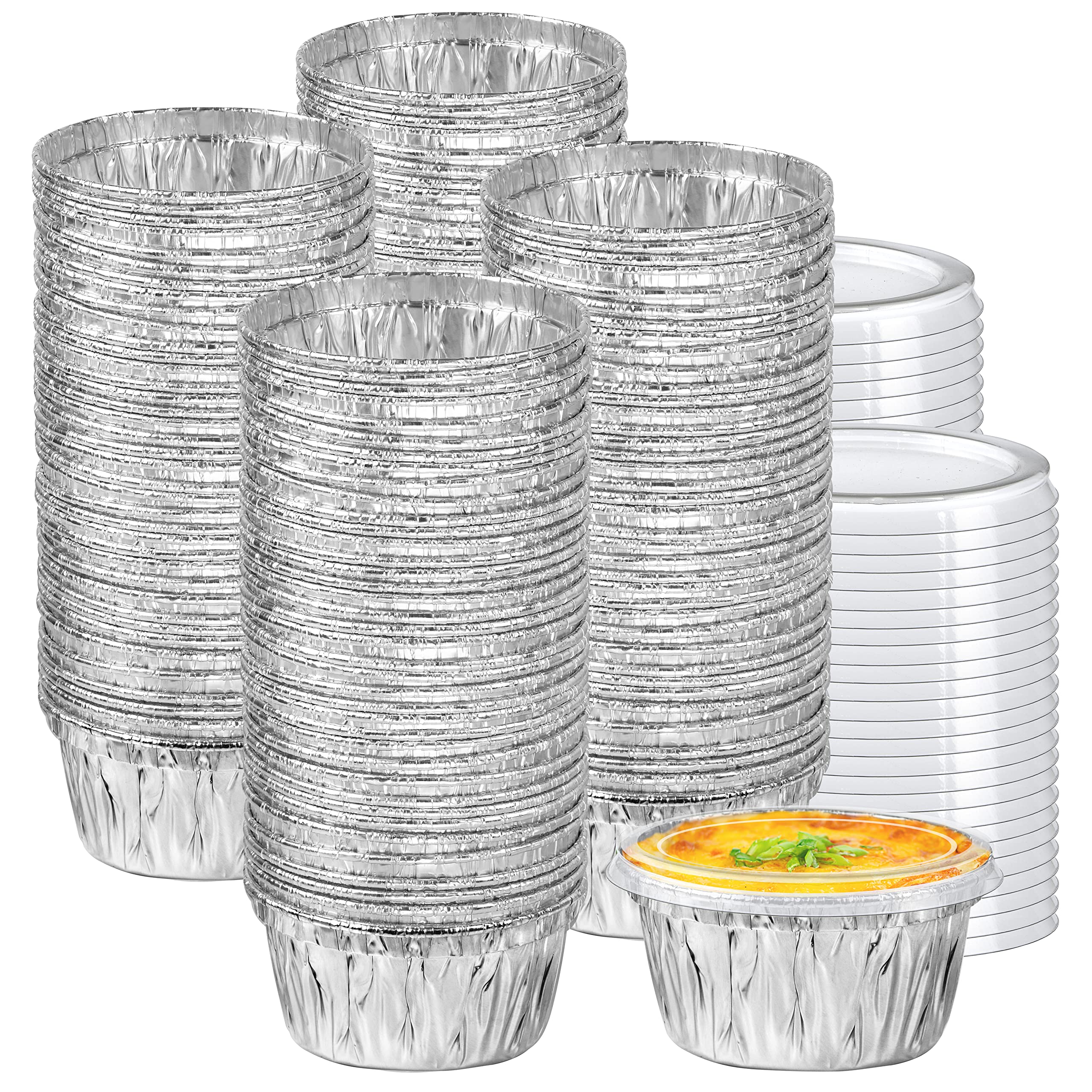 Premium Aluminum Foil Ramekins With Lids | Heavy Duty Disposable Mini Ramiken Set | Perfect Bake Pans For Cupcakes, Creme Brulee, Cakes, Sauces, Condiments, Samples | 100 Pack