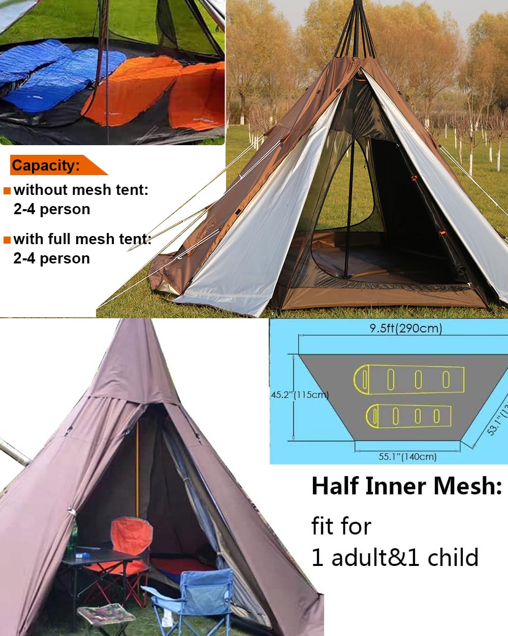 WINTENT 4 Season Teepee Tent with Stove Jack for Camping Hiking, Height 7.8FT/240CM (Brown, with Full Mesh Tent)