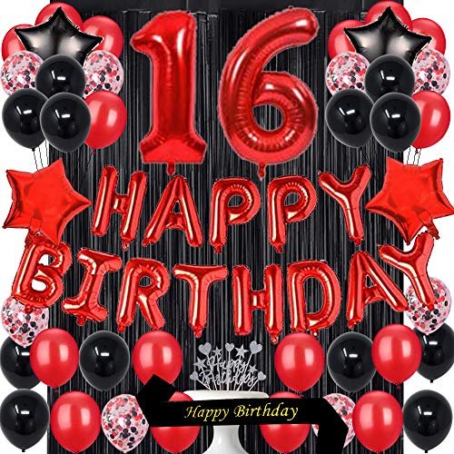 Fancypartyshop 16TH Birthday Party Decorations Supplies Red Black Later Balloons Happy Birthday Cake Topper Sash Foil Black Curtains Foil Star Balloons Number Red 16
