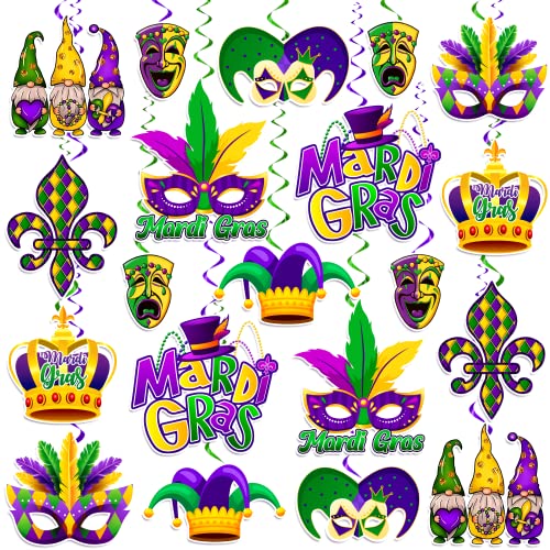 36 Pcs Mardi Gras Decorations Hanging Swirls, NO-DIY Mardi Gras Party Decorations, Mardi Gras Party Supplies Whirls Glitter Foil Ceiling Swirls for Mardi Gras Decor Shrove Tuesday New Oeleans Party