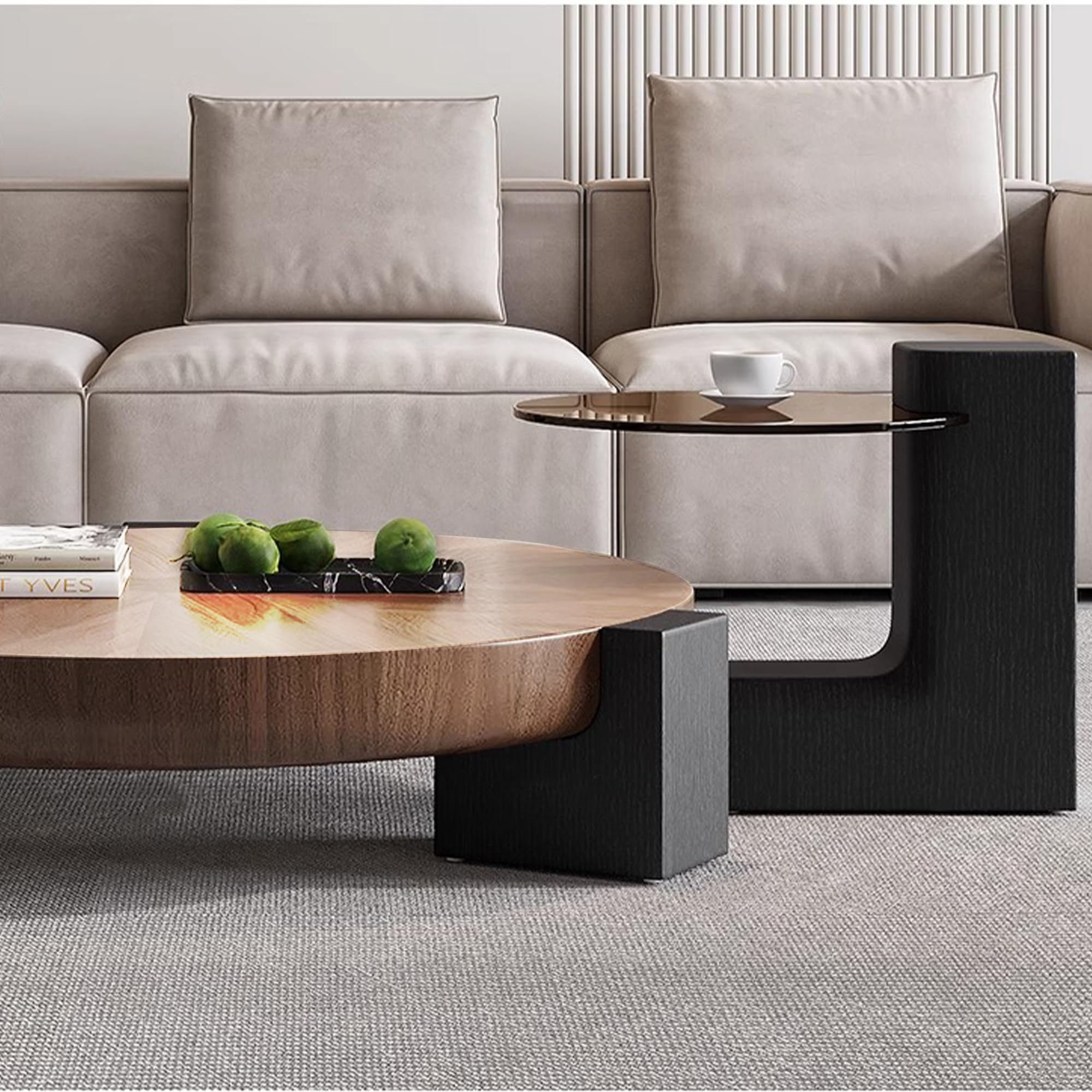 Round Coffee Table, 36in 2-Part Unique Modern Wooden Coffee Tables for Living Room Bedroom Coffee, Solid Wood Coffee Table Leg & Top, Brown Explosion-Proof Glass Small Top
