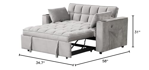 FULife 58" Convertible Sofa Couch with Pull-Out Sleeper,Adjustable Loveseat Armchair Single Bed Chair with Cup Holder,USB Port,Side Pocket&Pillows for Living Room/Apartment/Office/Studio/Small Place