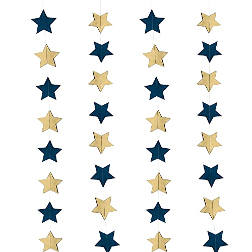 Mefuny 30 Feet Navy Blue Gold Party Decorations Paper Star Garlands Star String for Bachelorette Engagement Wedding Party Supplies Baby Shower Decorations (4pcs)