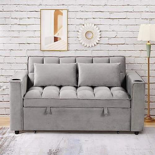 FULife 58" Convertible Sofa Couch with Pull-Out Sleeper,Adjustable Loveseat Armchair Single Bed Chair with Cup Holder,USB Port,Side Pocket&Pillows for Living Room/Apartment/Office/Studio/Small Place