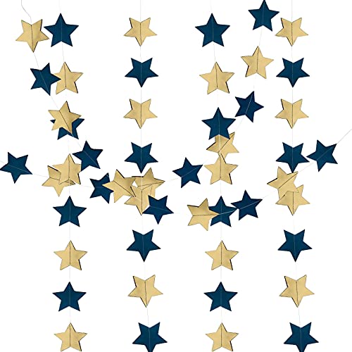 Mefuny 30 Feet Navy Blue Gold Party Decorations Paper Star Garlands Star String for Bachelorette Engagement Wedding Party Supplies Baby Shower Decorations (4pcs)