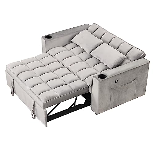 FULife 58" Convertible Sofa Couch with Pull-Out Sleeper,Adjustable Loveseat Armchair Single Bed Chair with Cup Holder,USB Port,Side Pocket&Pillows for Living Room/Apartment/Office/Studio/Small Place