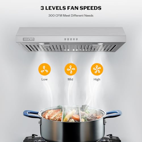 Empava Ductless Under Cabinet Range Hood 36 Inch, Convertible Ducted (Rear/Top Vent), 300 CFM, Push Button Plug in, Stainless Steel
