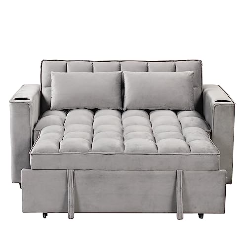 FULife 58" Convertible Sofa Couch with Pull-Out Sleeper,Adjustable Loveseat Armchair Single Bed Chair with Cup Holder,USB Port,Side Pocket&Pillows for Living Room/Apartment/Office/Studio/Small Place