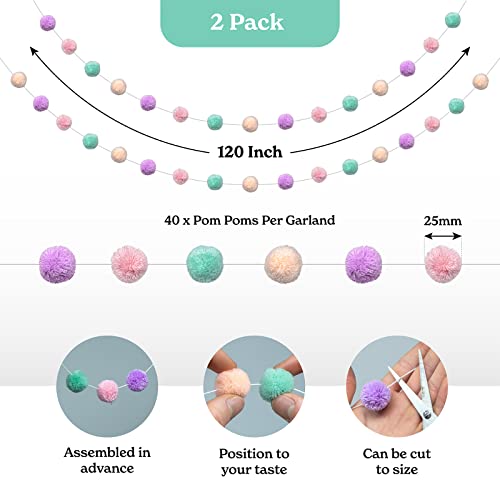 Easter Pom Pom Garlands (2 x 120 Inches - 40 Balls Each, 25mm Diameter) Colorful Pom Ball Decoration Strings with Pastel Rainbow Effect (4