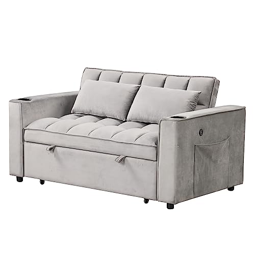 FULife 58" Convertible Sofa Couch with Pull-Out Sleeper,Adjustable Loveseat Armchair Single Bed Chair with Cup Holder,USB Port,Side Pocket&Pillows for Living Room/Apartment/Office/Studio/Small Place