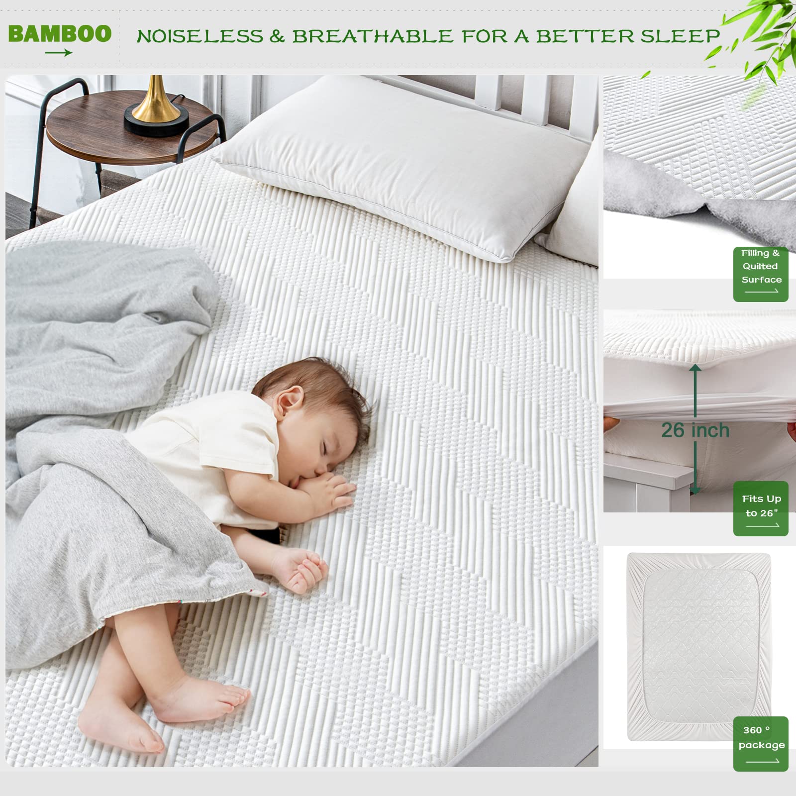 GRT King Waterproof Mattress Protector Rayon Bamboo - 3D Air Fiber Cooling Mattress Cover Breathable Ultra Soft, Mattress Pad Noiseless Fits up to 26'' Deep Pocket Washable