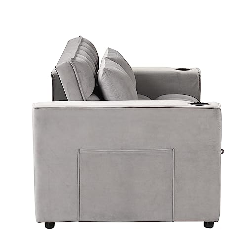 FULife 58" Convertible Sofa Couch with Pull-Out Sleeper,Adjustable Loveseat Armchair Single Bed Chair with Cup Holder,USB Port,Side Pocket&Pillows for Living Room/Apartment/Office/Studio/Small Place