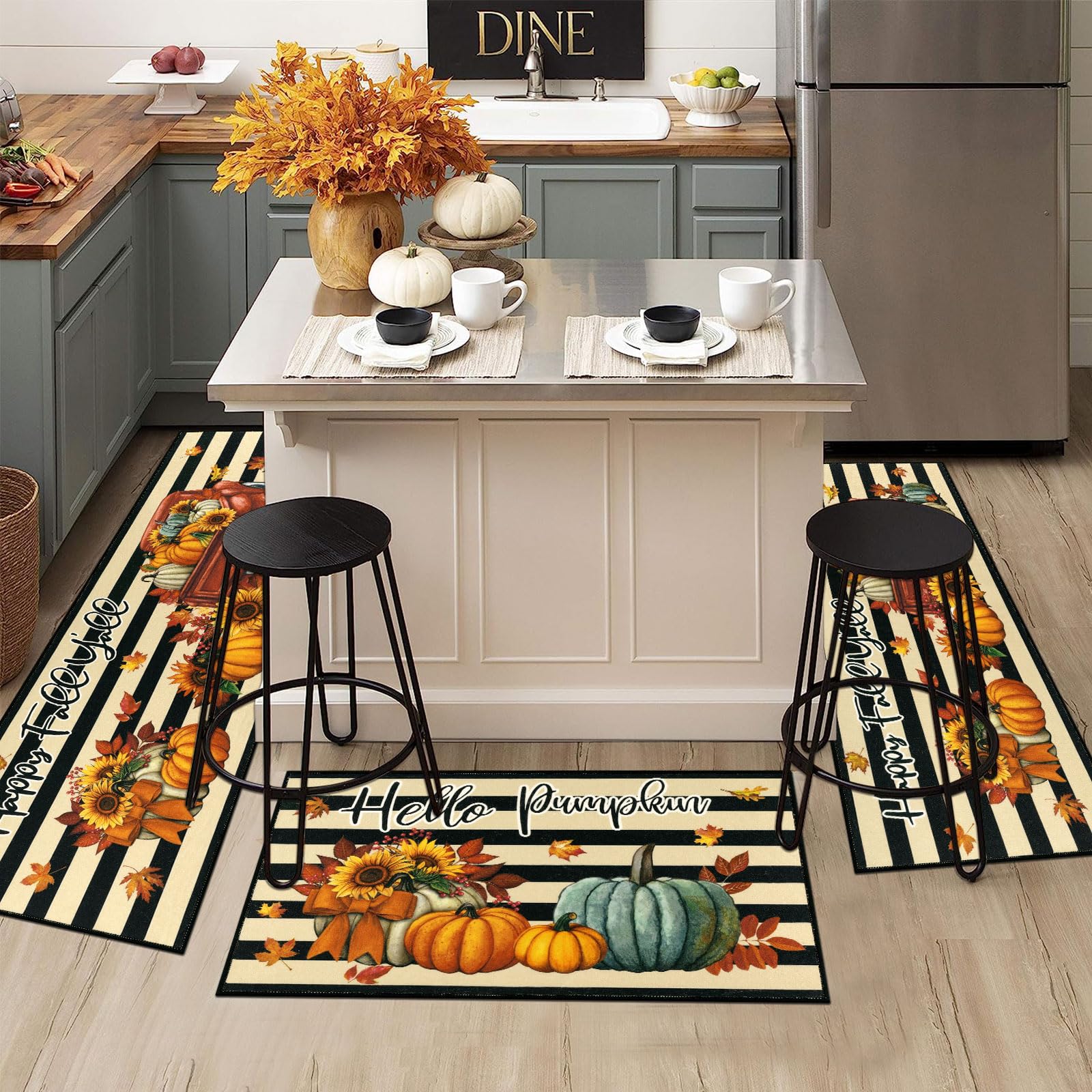 Ileading Fall Kitchen Rugs Sets 3 Piece with Runner Thanksgiving Sunflowers Rugs for Kitchen Happy Fall Y'all Kitchen Carpet Mat Autumn Harvest Kitchen Mats for Kitchen Laundry Room Office