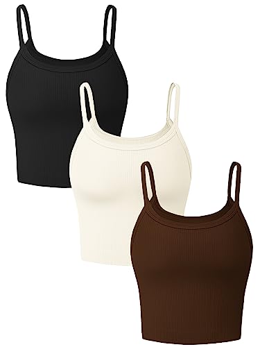 Women's 3 Piece Ribbed Tank Tops Seamless Crop Tanks for Womwn Sleeveless Scoop Neck Workout Cami Top - Black/White/Brown S