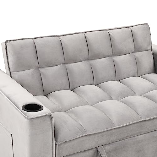 FULife 58" Convertible Sofa Couch with Pull-Out Sleeper,Adjustable Loveseat Armchair Single Bed Chair with Cup Holder,USB Port,Side Pocket&Pillows for Living Room/Apartment/Office/Studio/Small Place
